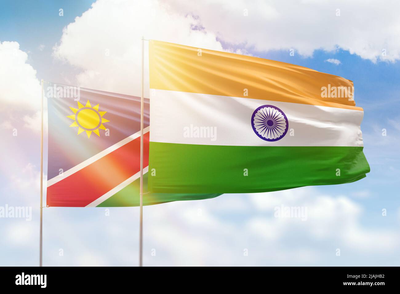 Sunny blue sky and flags of india and namibia Stock Photo - Alamy