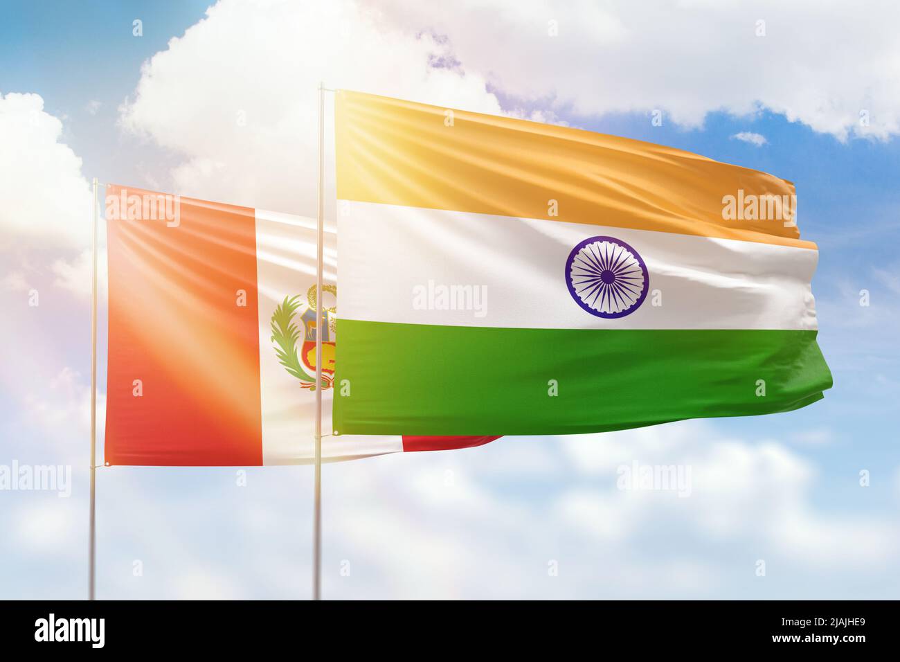 Sunny blue sky and flags of india and peru Stock Photo - Alamy
