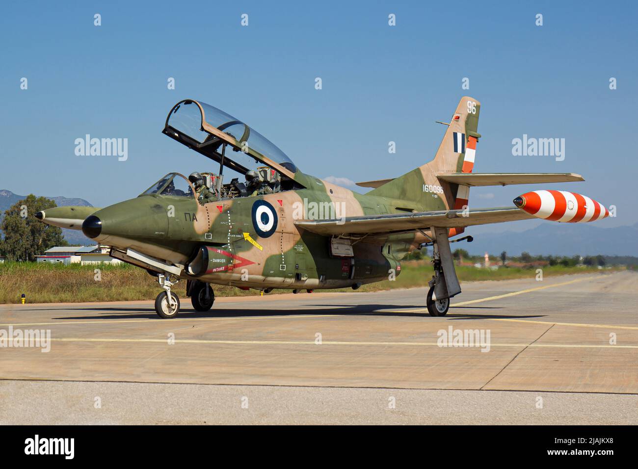 A Hellenic Air Force T-2 Buckeye training aircraft taxiing at Kalamata ...