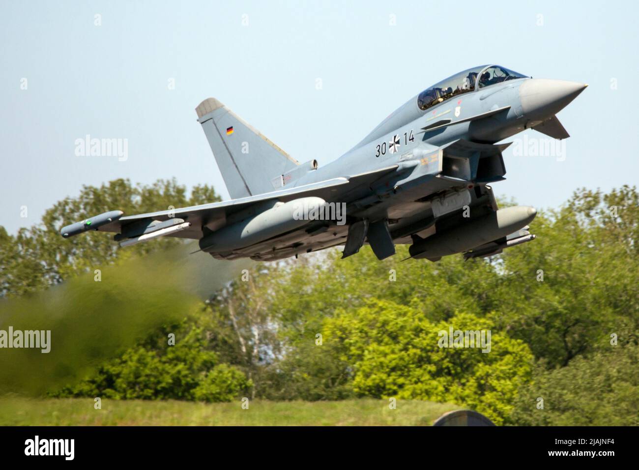 German Air Force Eurofighter two-seater aircraft taking off, Wittmund ...