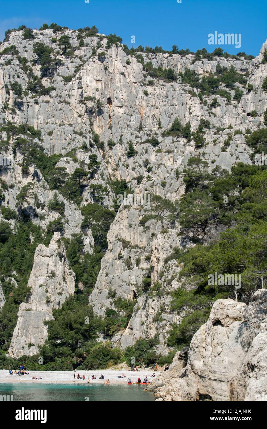 View on Calanque d'En-vau with white sandy beach near Cassis, boat ...