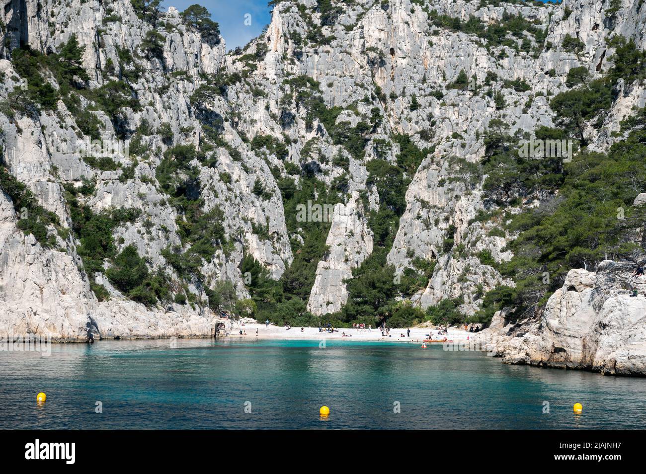View on Calanque d'En-vau with white sandy beach near Cassis, boat ...