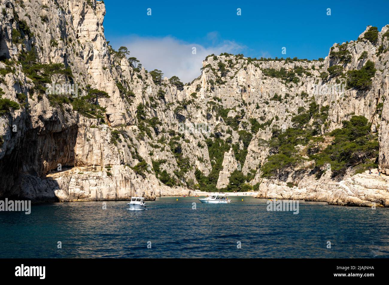 View on Calanque d'En-vau with white sandy beach near Cassis, boat ...