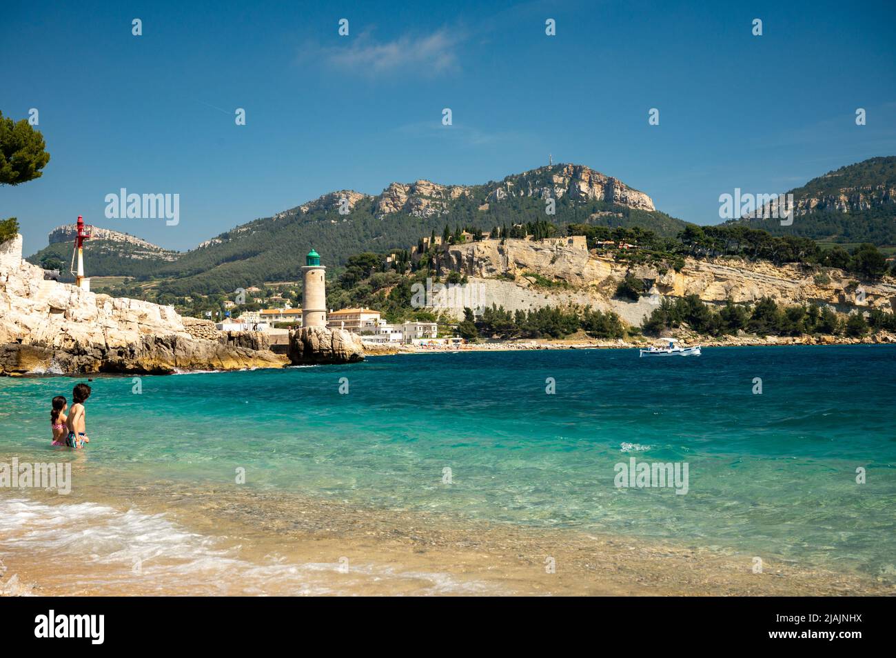 Panoramic view on cliffs, blue sea clear water on Plage du Bestouan ...