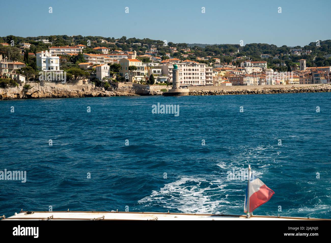 View from seaside on Provencal Cassis, boat excursion to Calanques ...