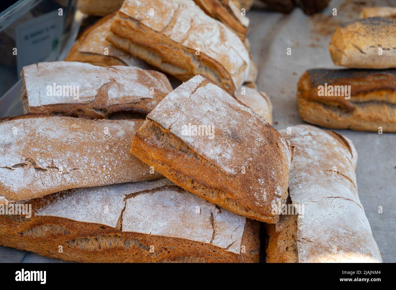 Sour dough bio bread made with natural yeast starter and baked in wood ...