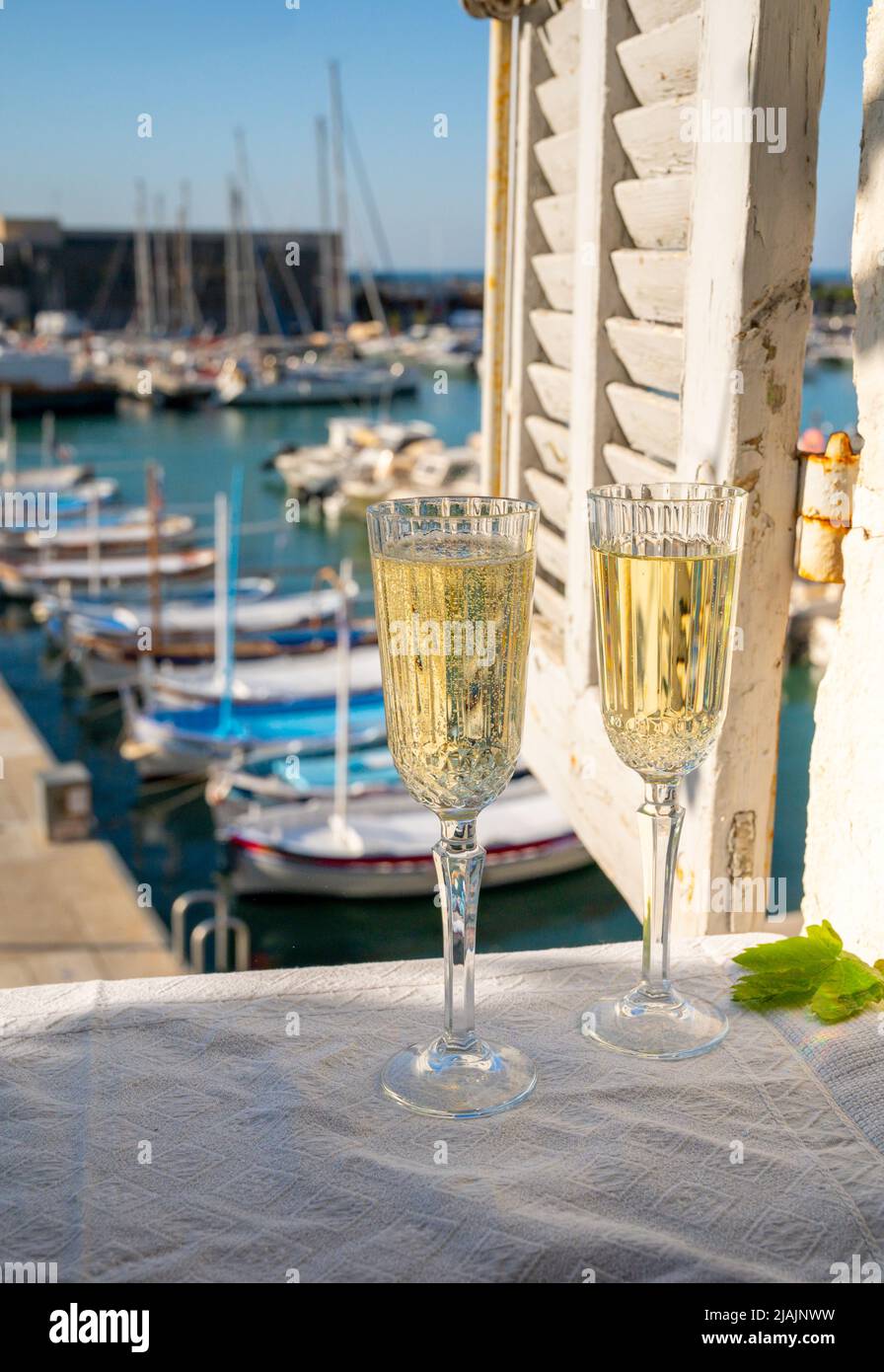 Birthday celebration in summer with two glasses of French champagne ...