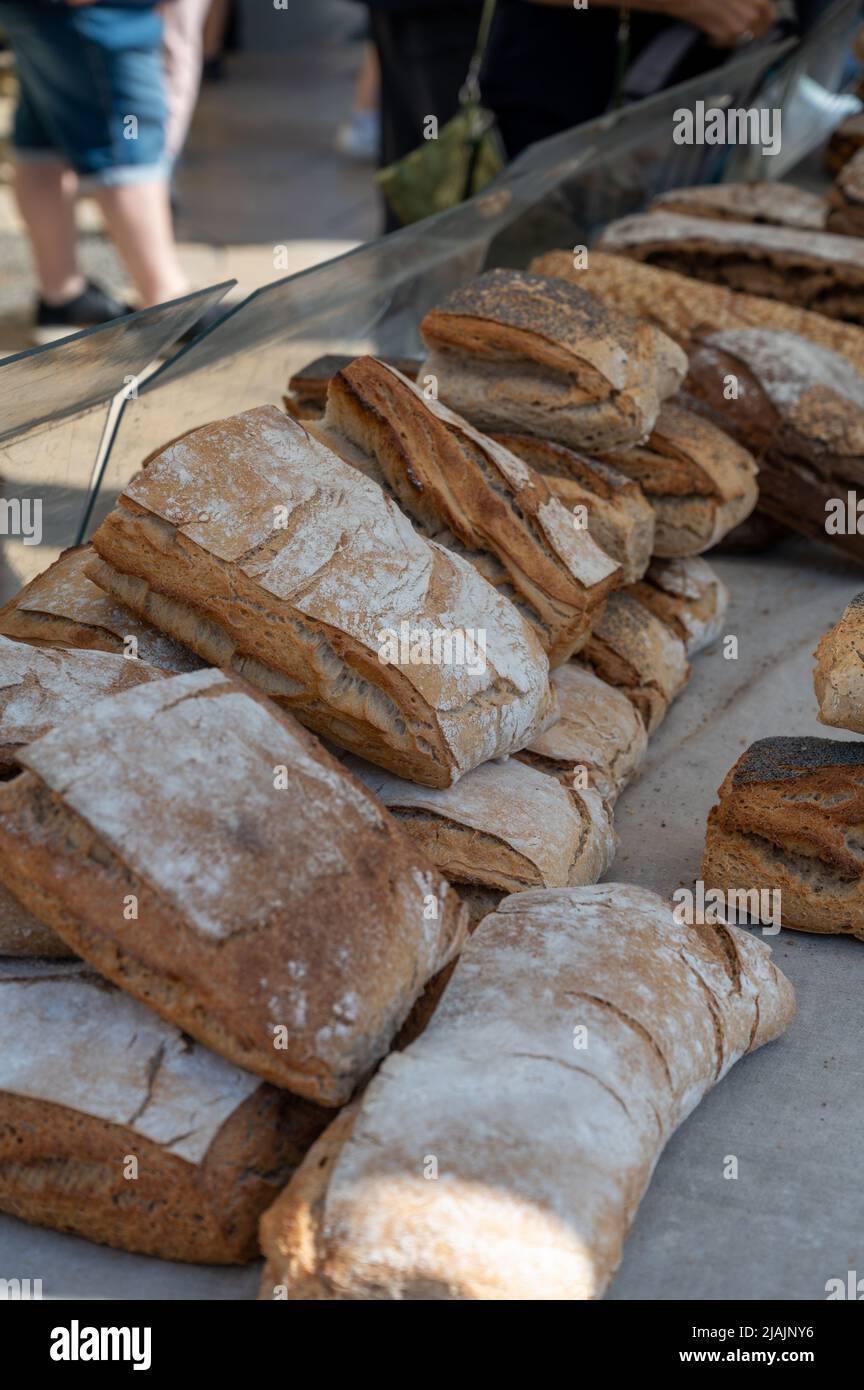 Sour dough bio bread made with natural yeast starter and baked in wood ...