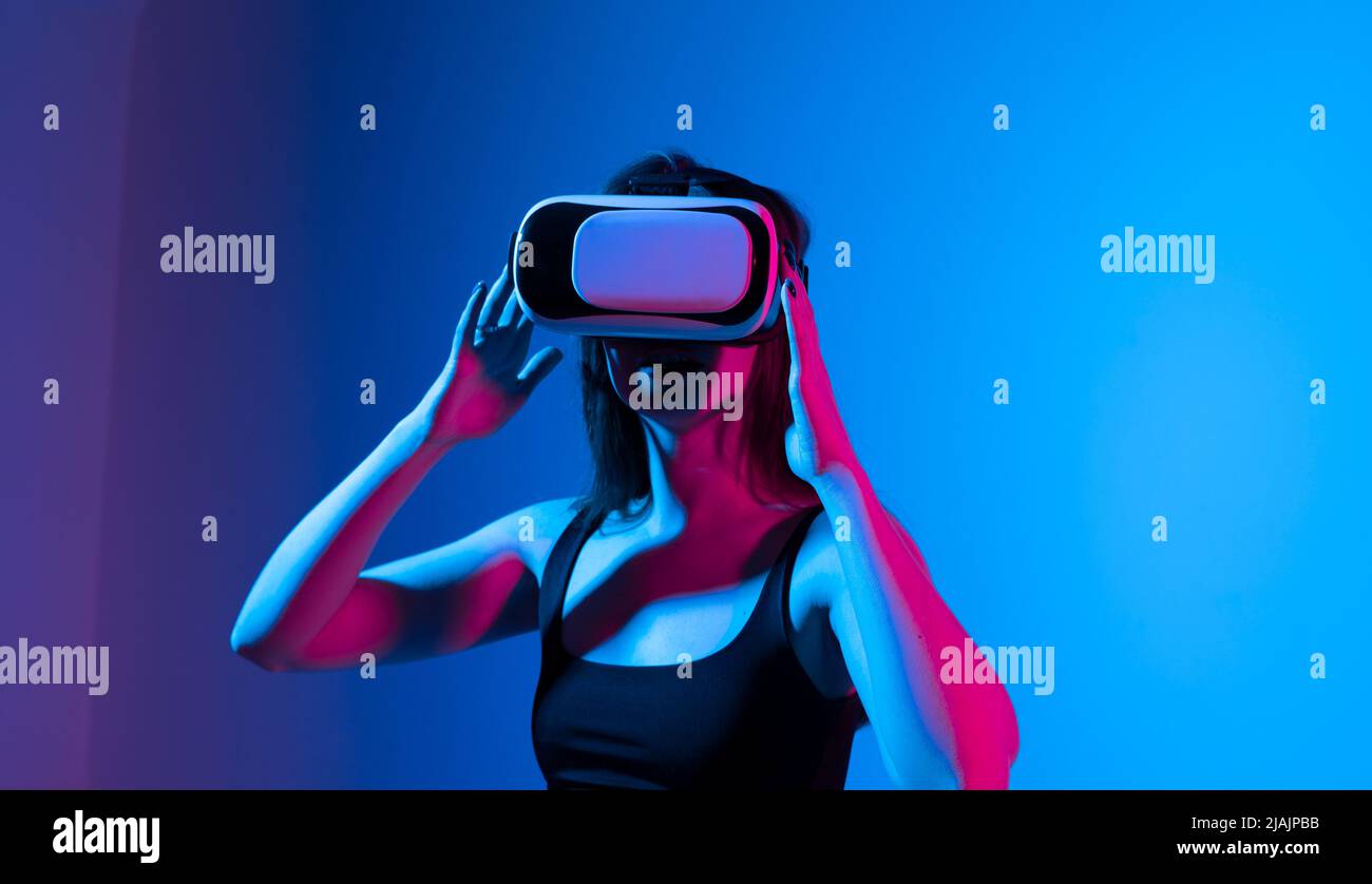 Happy Brunette Girl Getting Experience Using Vr Headset Glasses Of