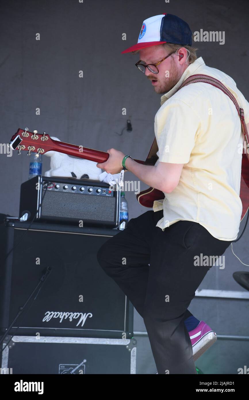 Lead guitarist Bjarki Gudmundsson is shown performing on stage during a ...