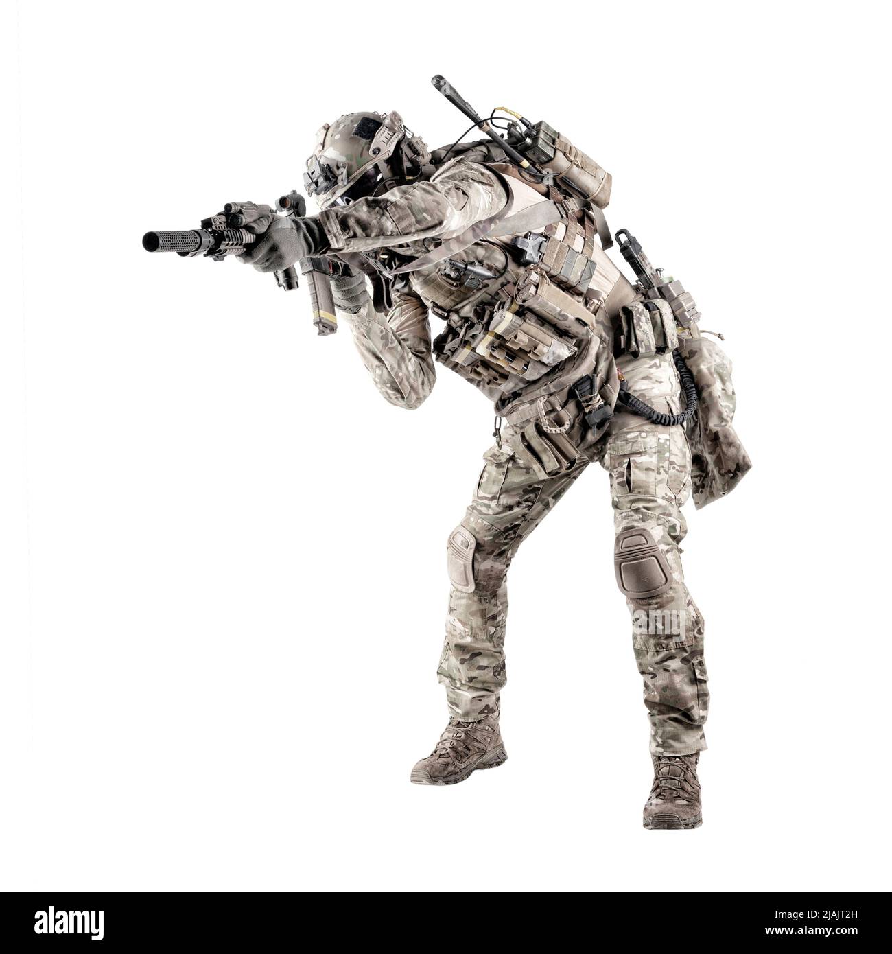 Army soldier wearing camouflage uniform aiming service rifle, isolated ...