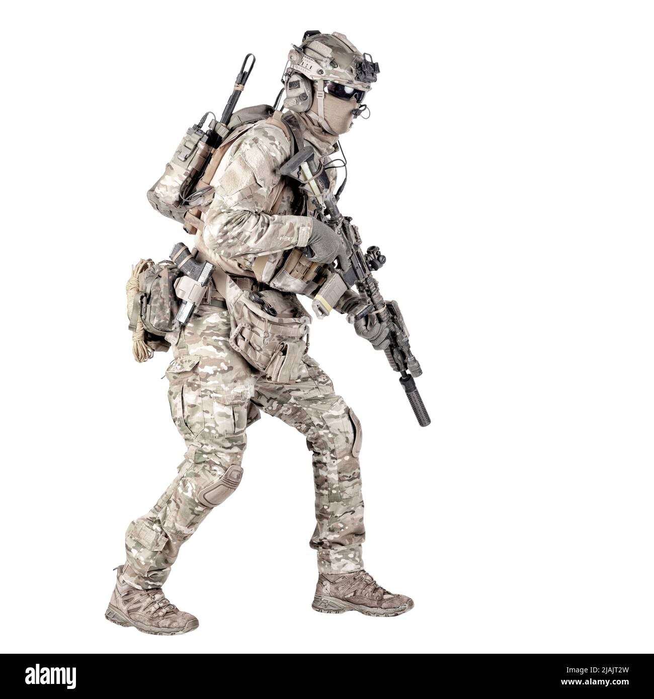 Army soldier in camouflage battle uniform, running with assault rifle ...