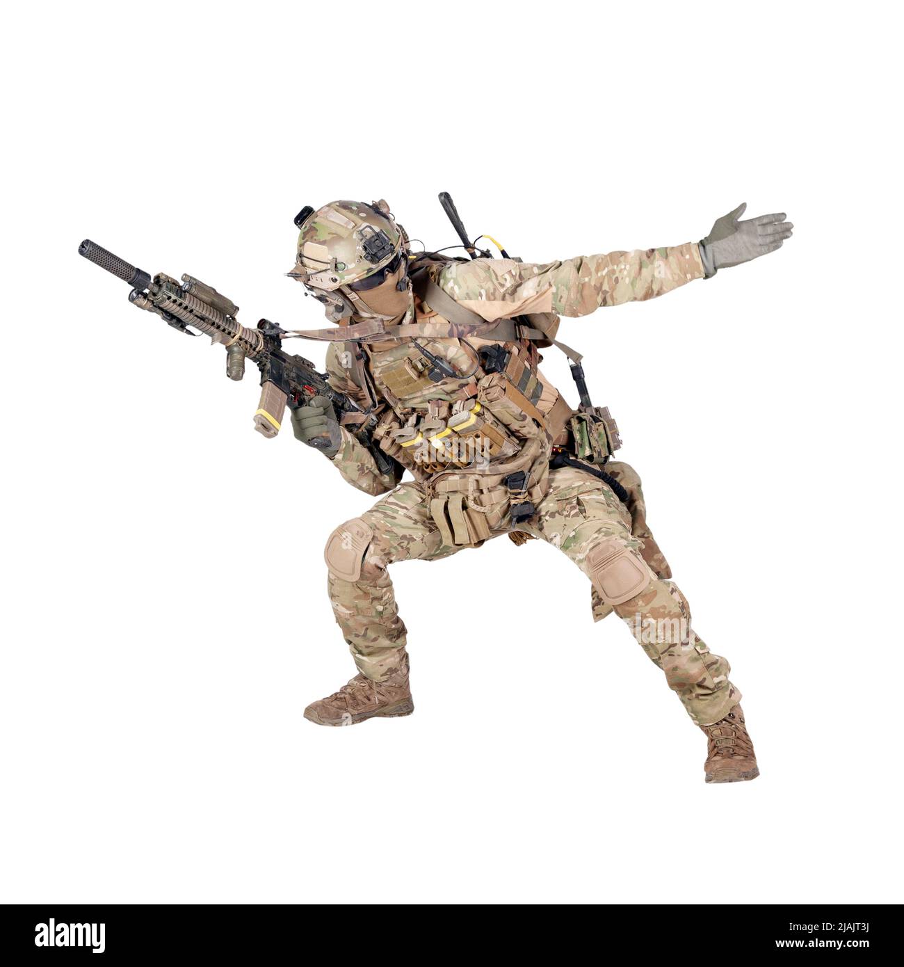 Army soldier armed with service rifle, ducks under enemy fire while ...