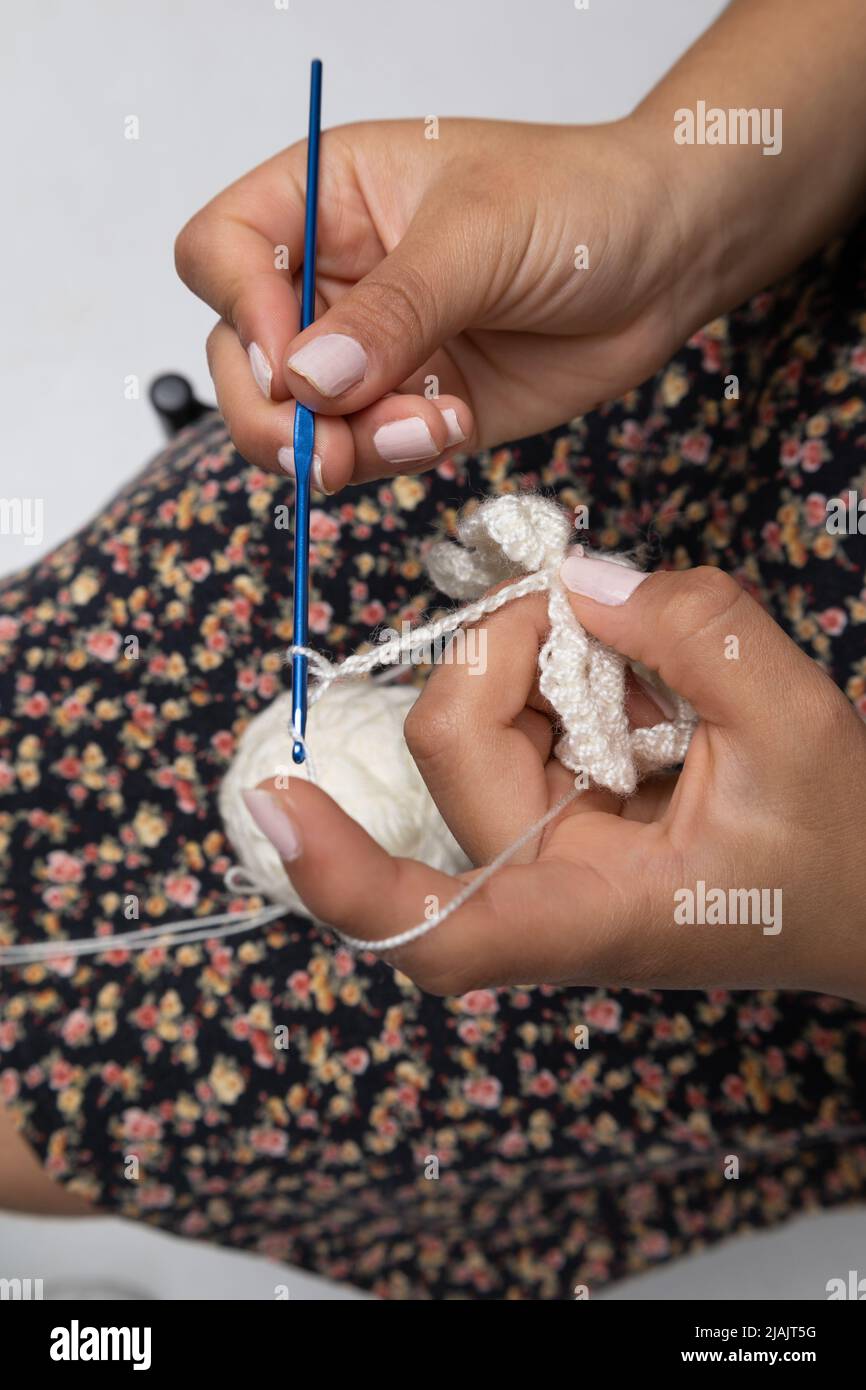 detail of hands knitting with crochet and wool, craft as hobby in ...