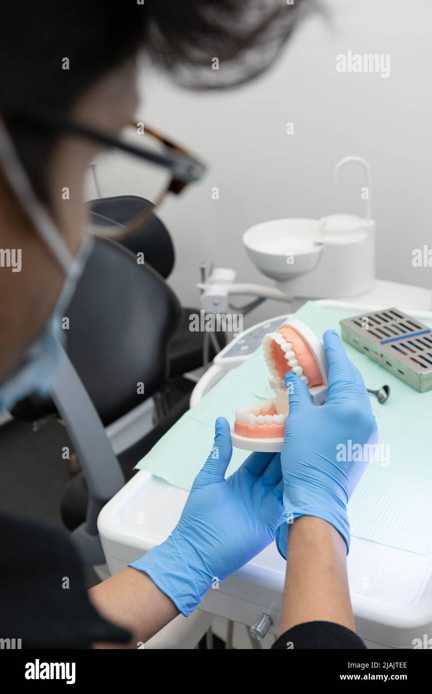 gloved hand showing the bite of an artificial prosthesis, detail of ...