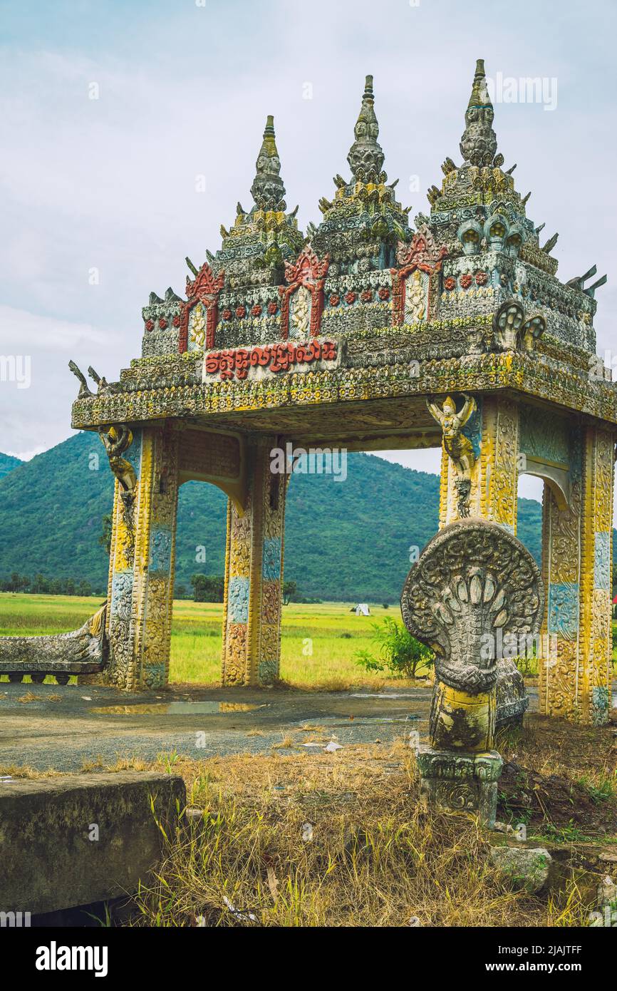 view of Kon Kas gate (Tual Prasat pagoda) in Tri Ton town, one of the most famous Khmer pagodas ...
