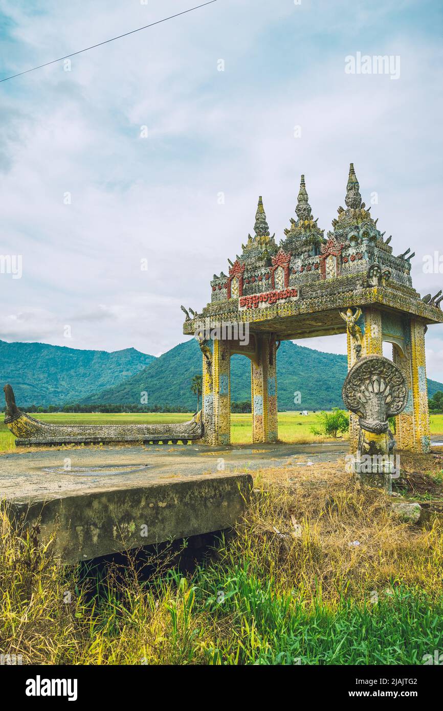 view of Kon Kas gate (Tual Prasat pagoda) in Tri Ton town, one of the most famous Khmer pagodas ...