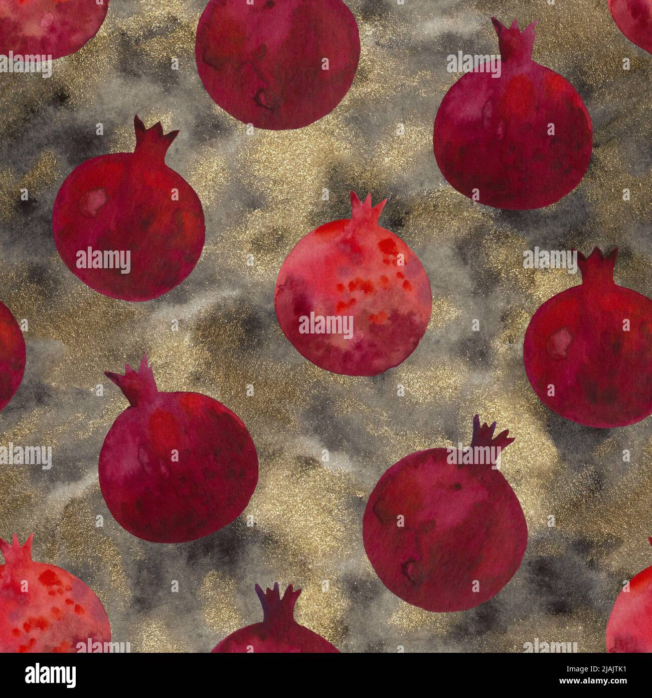 Hand painted texture with pomegranates on luxury dark golden background ...
