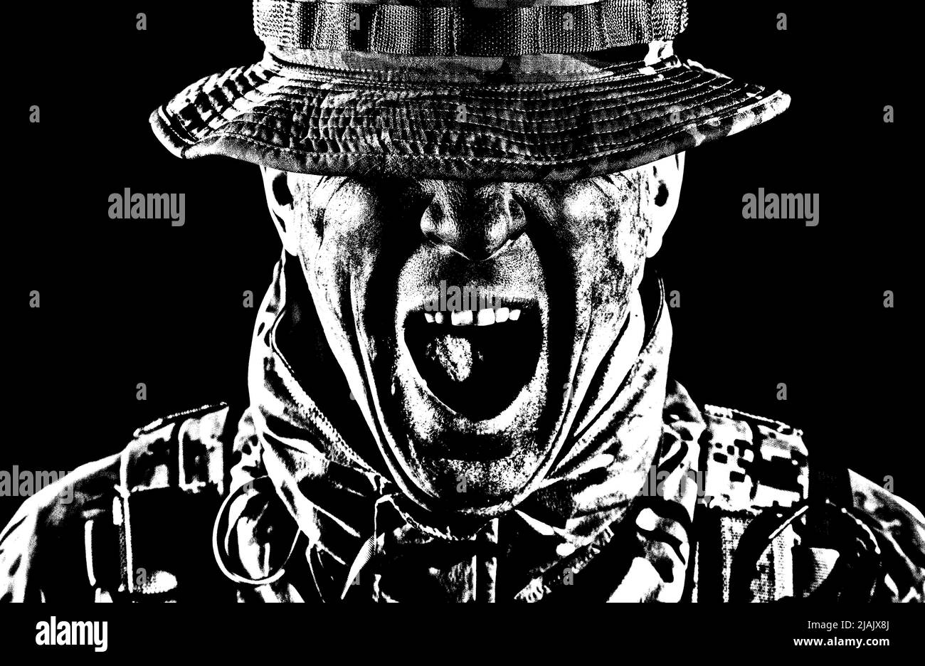 Angry military soldier yelling, with eyes hidden behind boonie hat ...