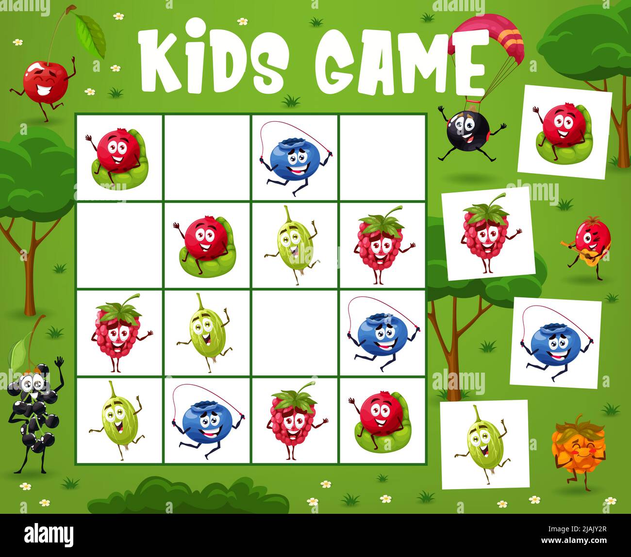 Sudoku kids game cartoon cheerful berry character on summer vacation ...