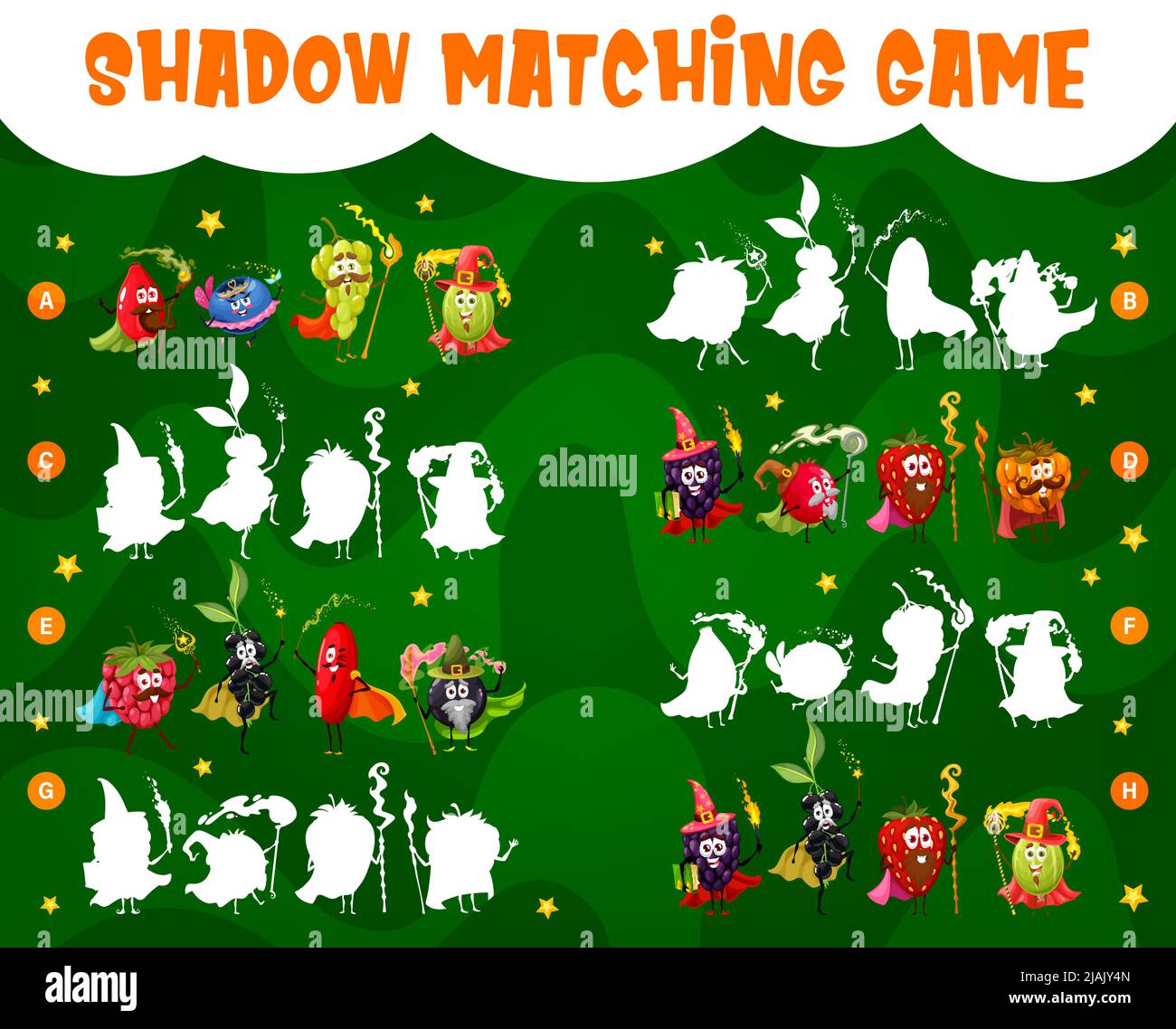 Shadow match game. Cartoon berry wizard, mage and fairy characters ...