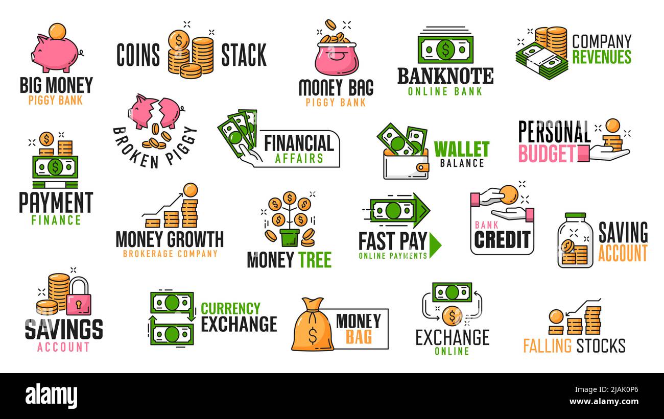Money, cash, coins, savings, exchange and payment icons, vector dollar ...