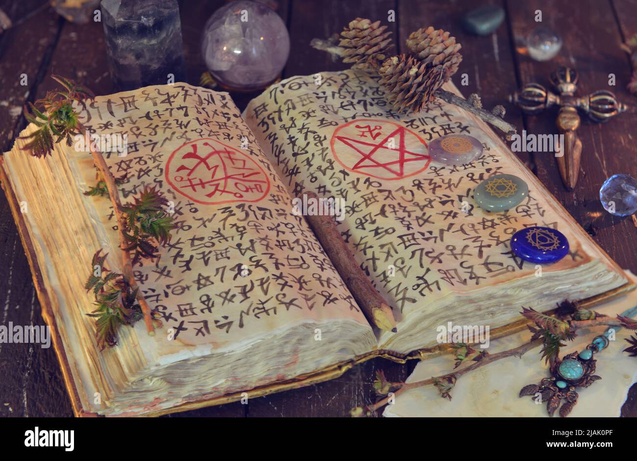 Wicca, esoteric and occult still life with vintage magic objects and ...