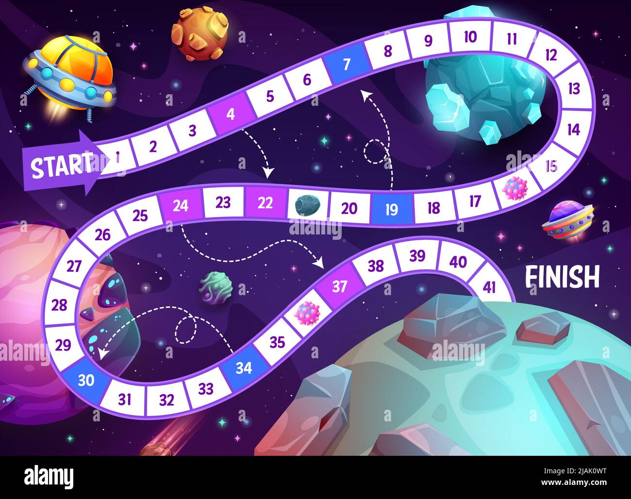 Kids board game, cartoon spacecraft and UFO starship in galaxy space ...