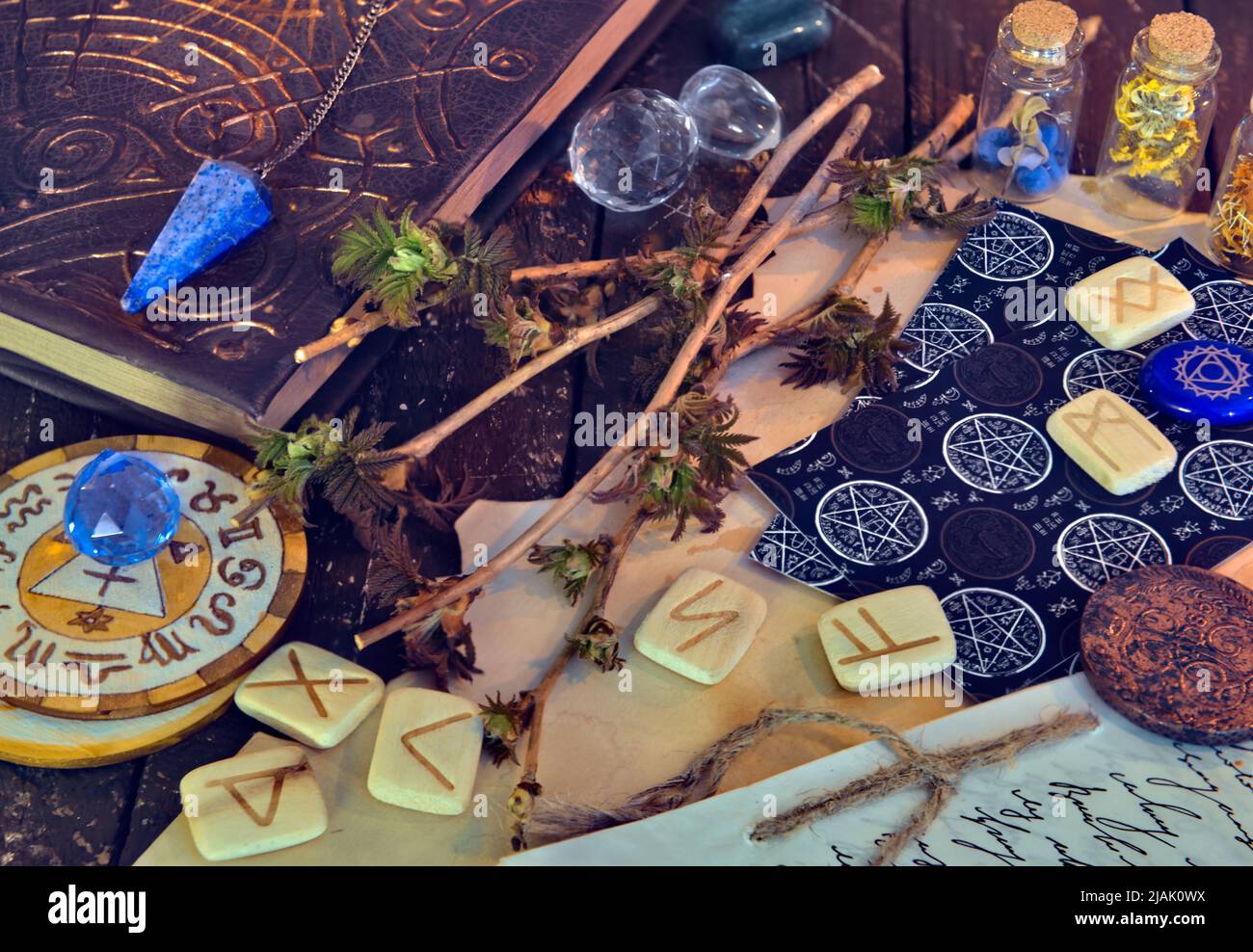 Wicca, esoteric and occult still life with vintage magic objects on ...