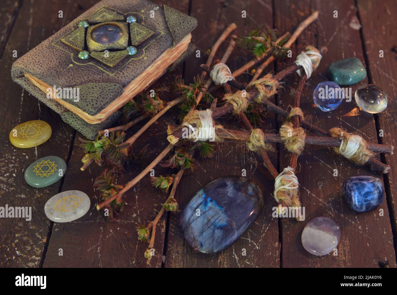 Wicca, esoteric and occult still life with vintage magic objects and ...