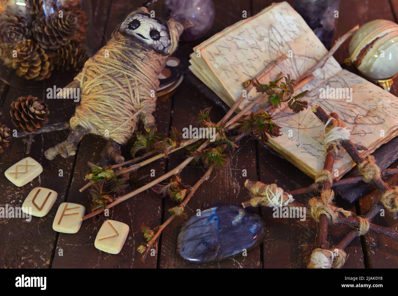 Wicca, esoteric and occult still life with vintage magic objects and ...