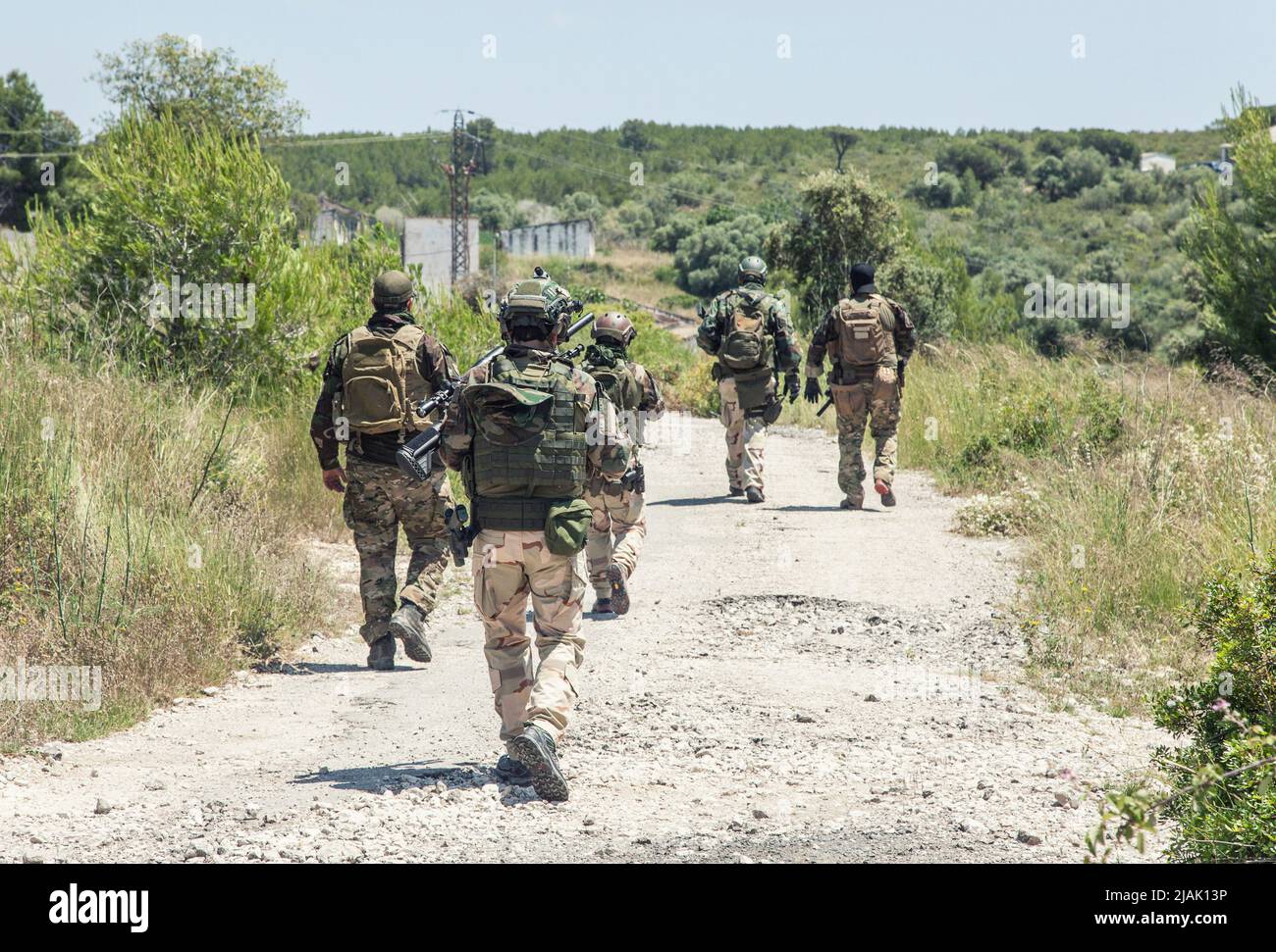Rear view of soldiers walking down a country road while on a foot ...
