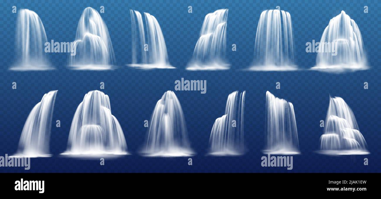 Waterfall, water cascade realistic falling splashes of fountain pour ...