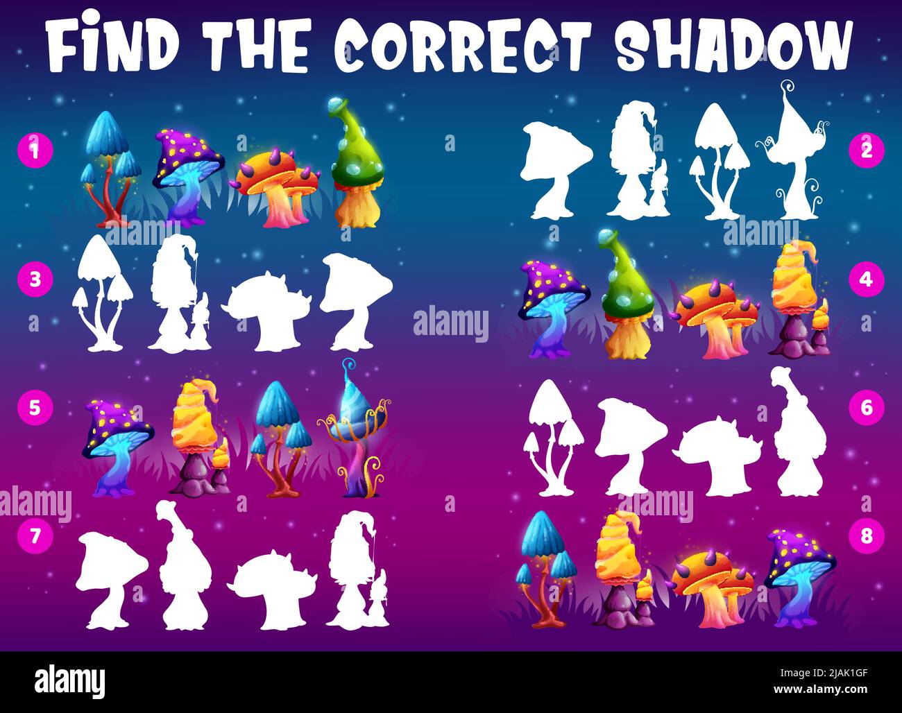 Find the correct shadow of magic mushrooms. Kids matching game vector ...
