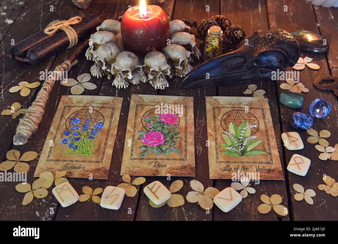 Wicca, esoteric and occult still life with vintage magic objects and ...
