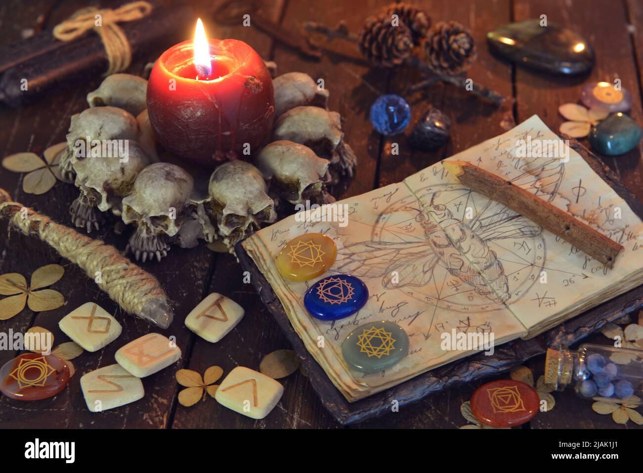 Wicca, esoteric and occult still life with vintage magic objects on ...