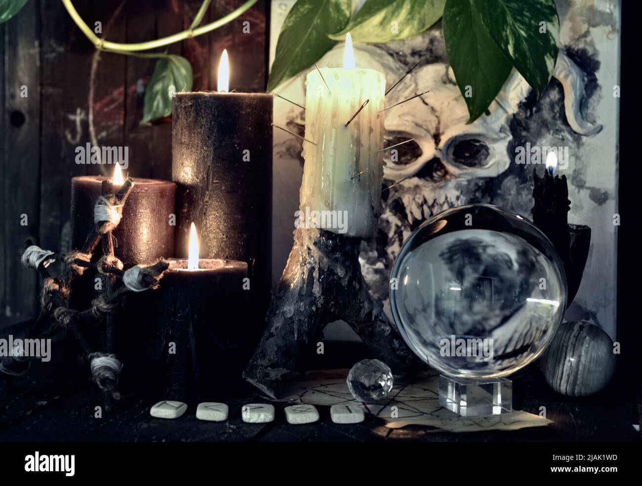 Wicca, esoteric and occult still life with vintage magic objects on ...