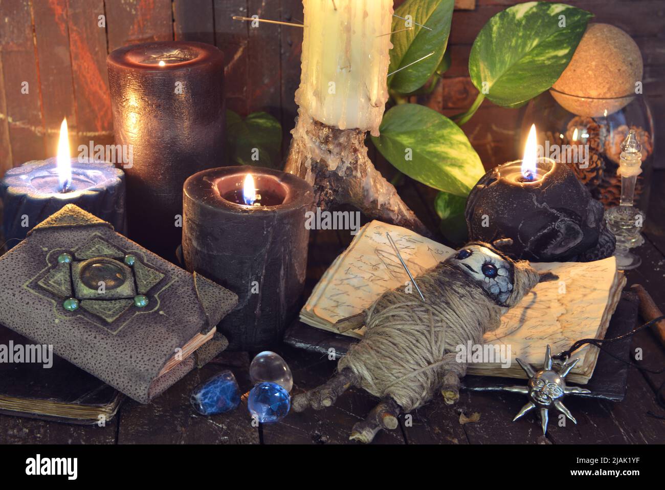 Wicca, esoteric and occult still life with vintage magic objects on ...
