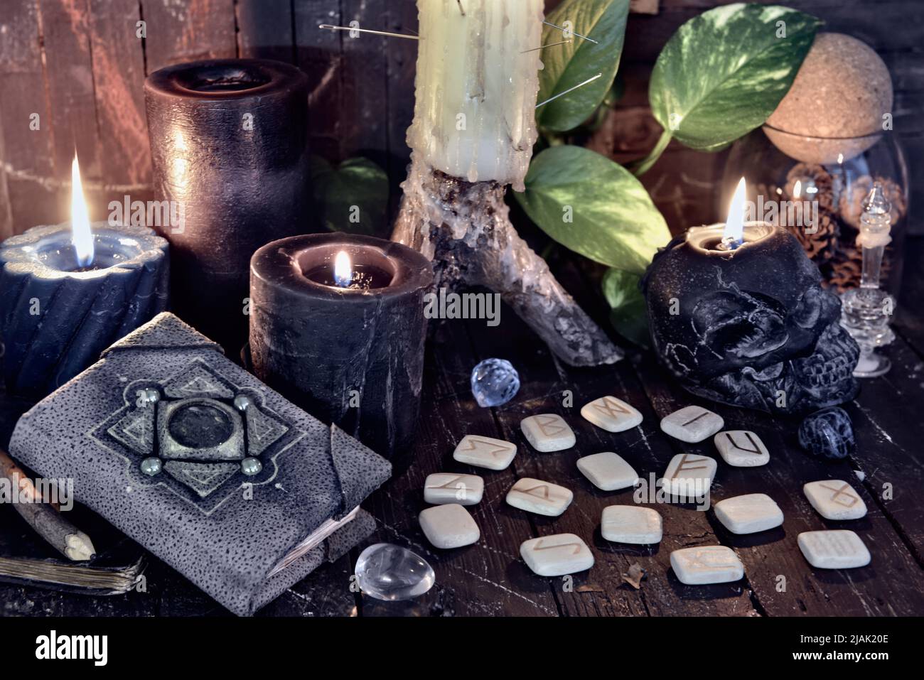 Wicca, esoteric and occult still life with vintage magic objects on ...
