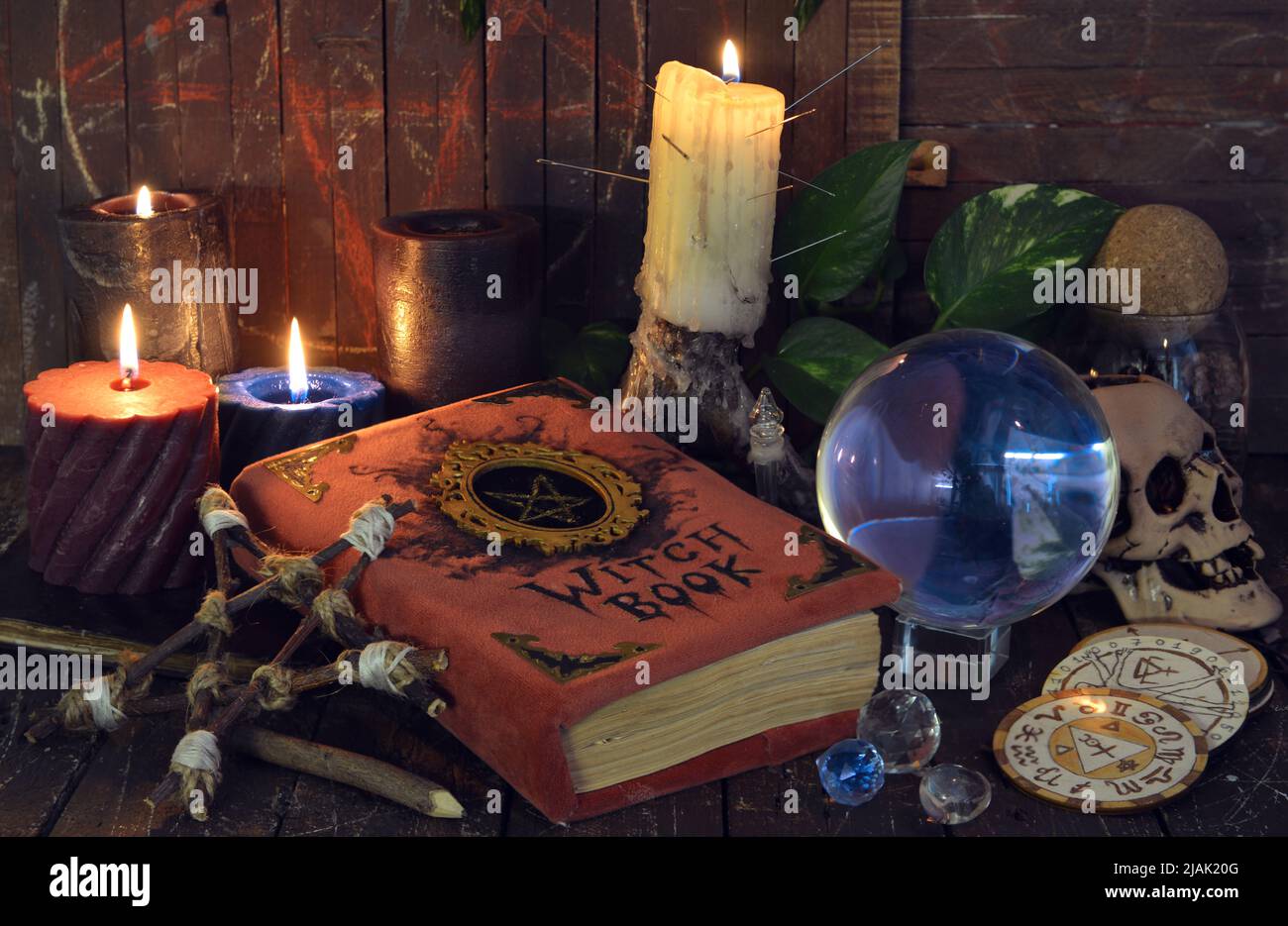 Wicca, esoteric and occult still life with vintage magic objects on ...