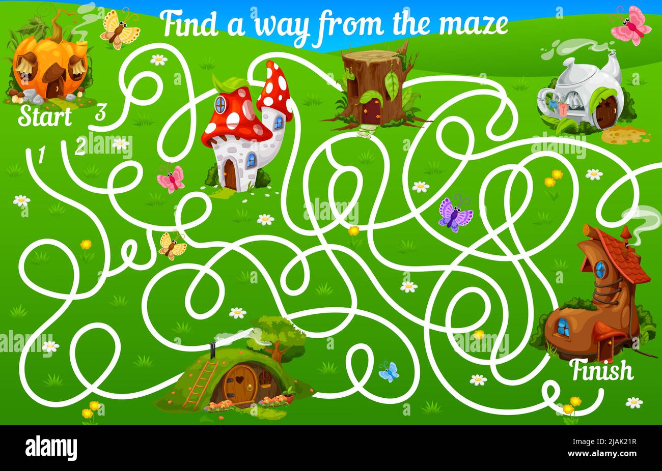 Labyrinth maze with cartoon fairy houses and dwellings of elf or gnome ...