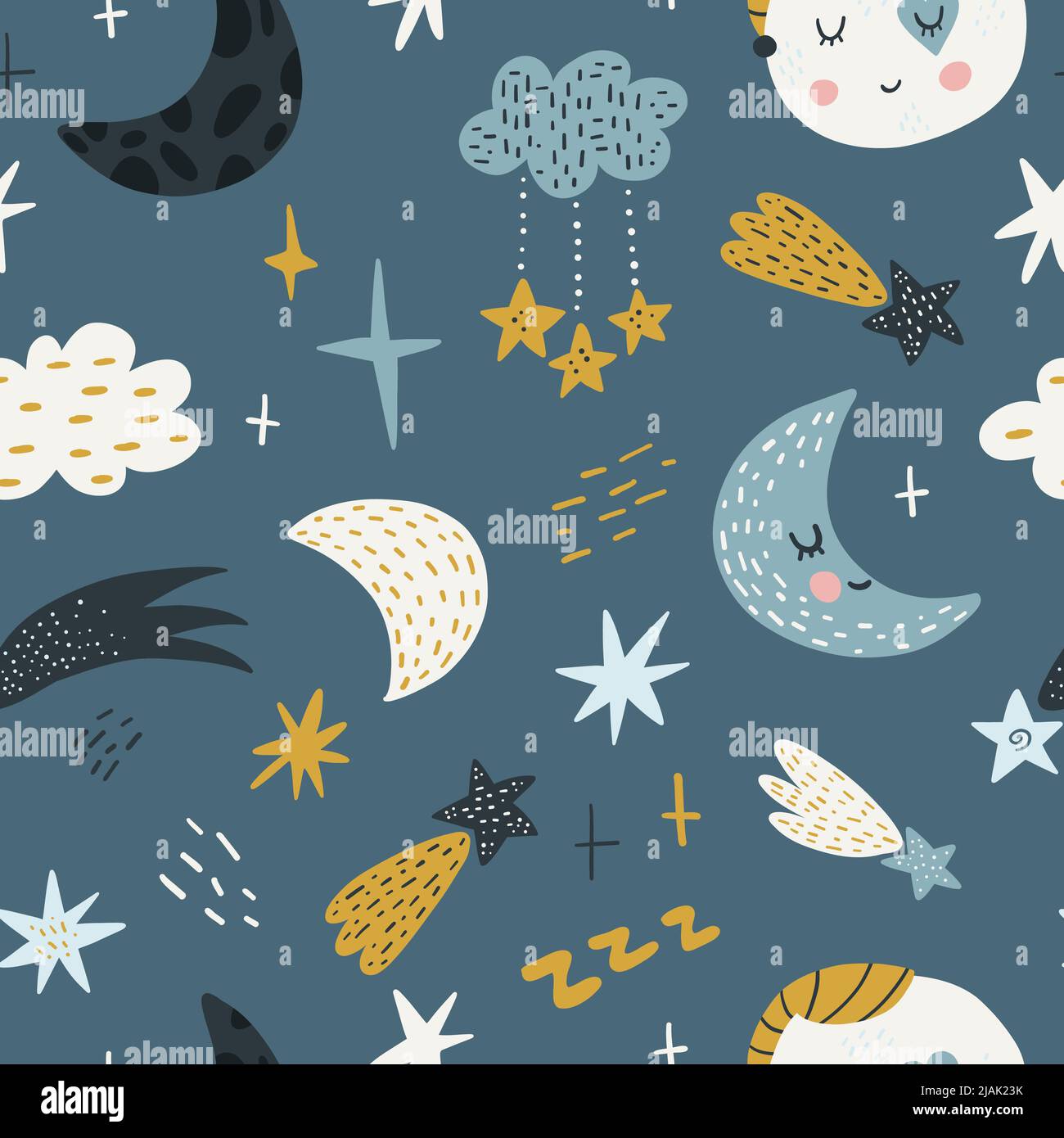 Seamless childish pattern with funny planet characters. Trendy space ...
