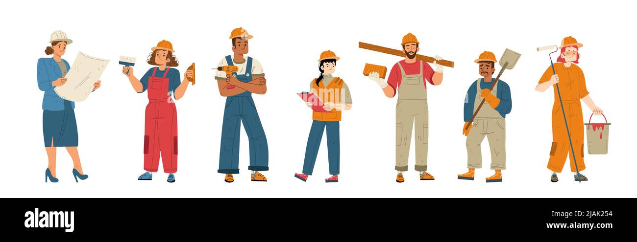 Builders and construction workers in helmets. Vector flat illustration ...