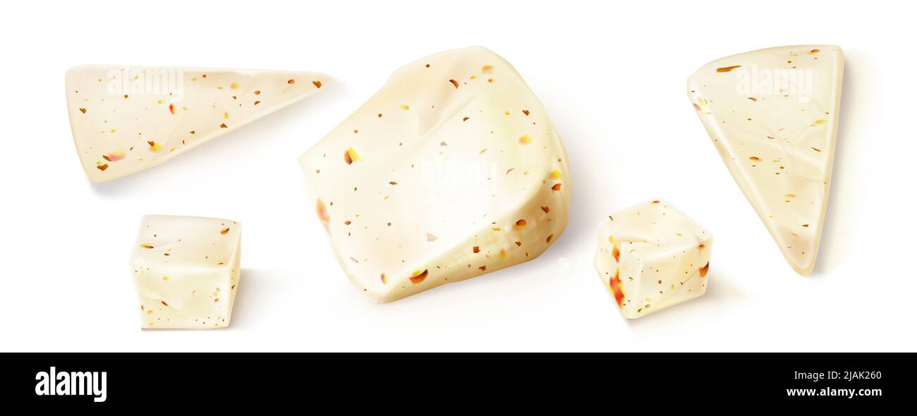 Fresh cheese blocks and triangle pieces isolated on white background ...