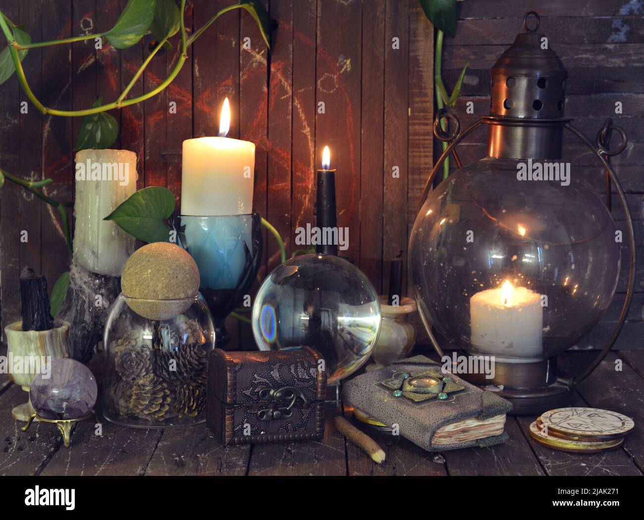 Wicca, esoteric and occult still life with vintage magic objects on ...