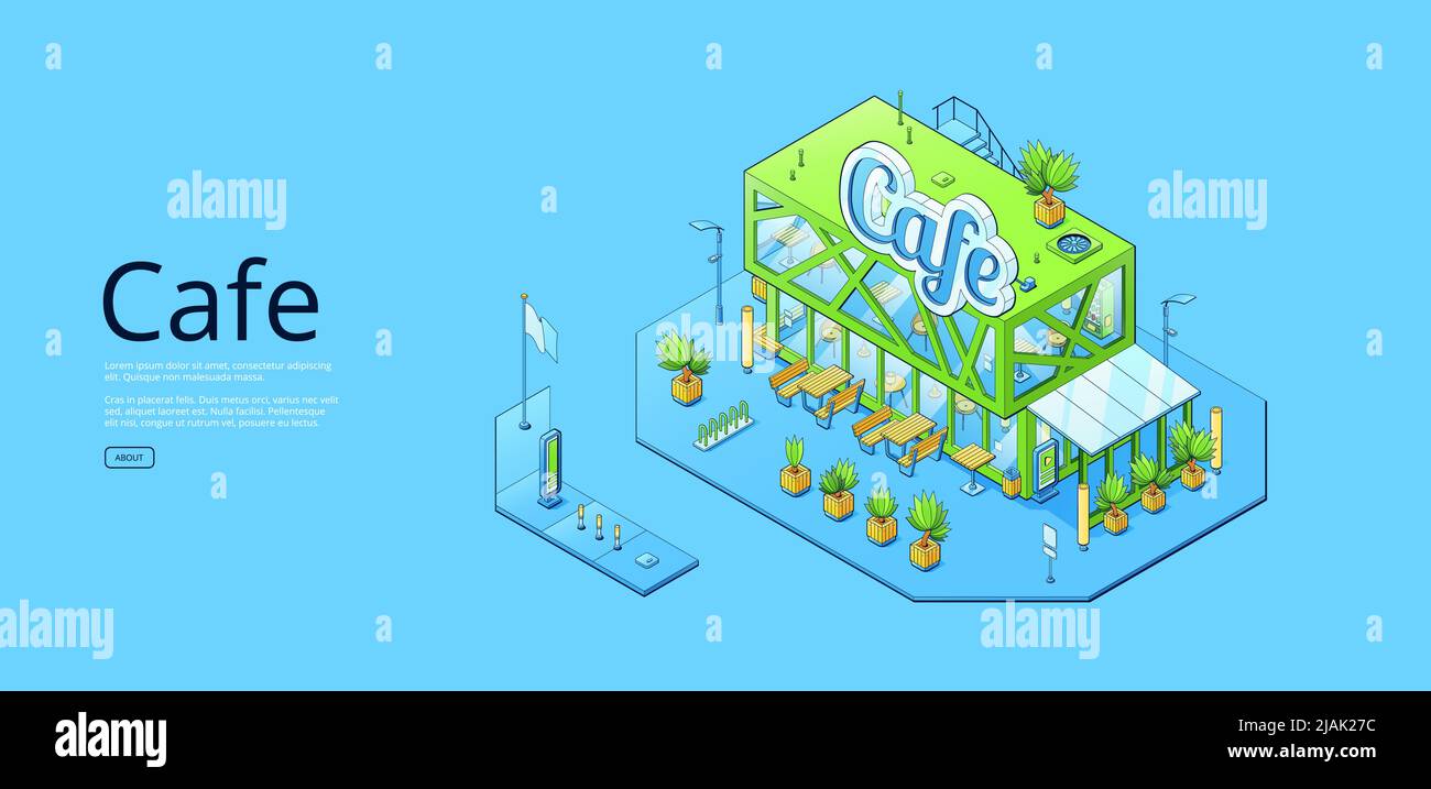Banner with isometric cafe building, modern architecture isolated on ...