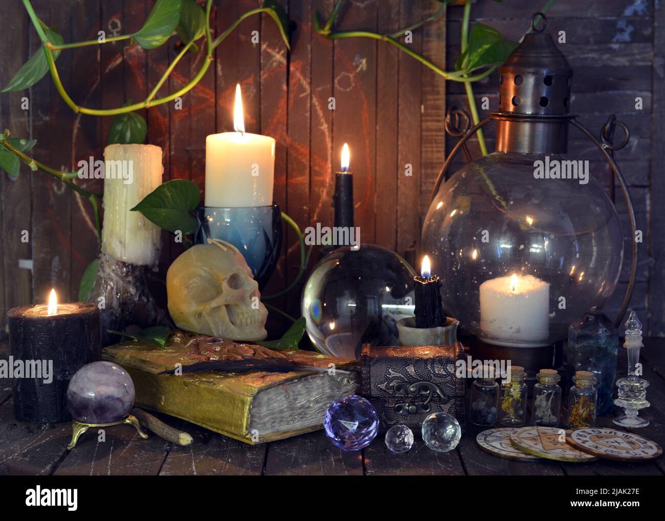 Wicca, esoteric and occult still life with vintage magic objects on ...