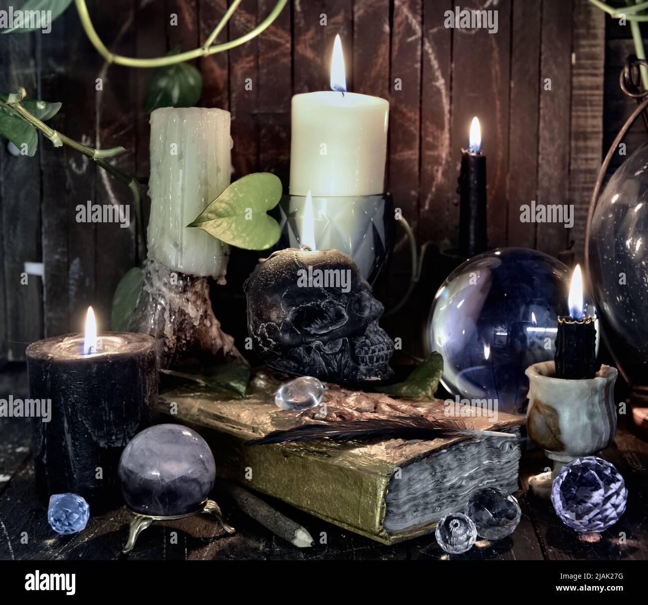 Wicca, esoteric and occult still life with vintage magic objects on ...