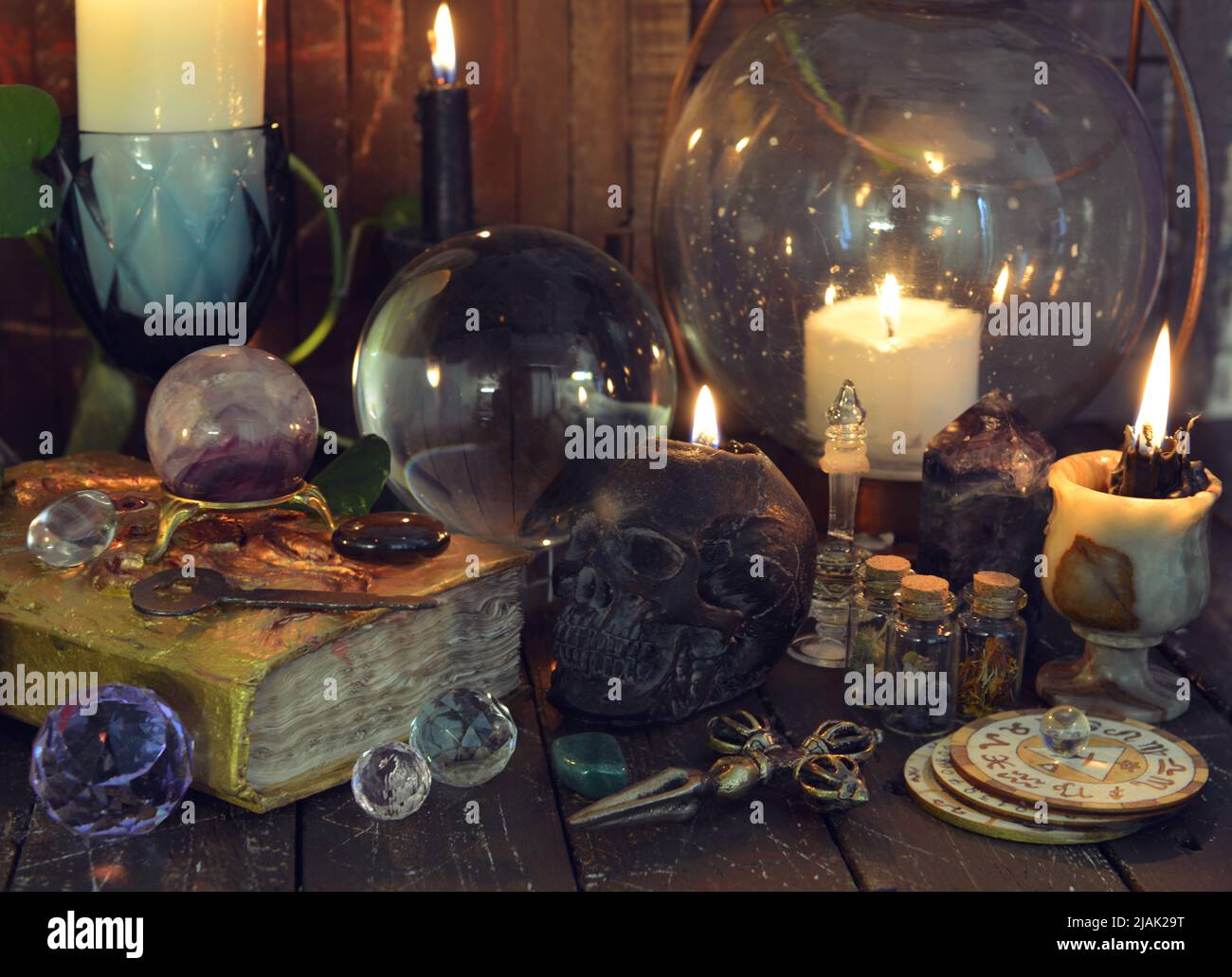 Wicca, esoteric and occult still life with vintage magic objects on ...