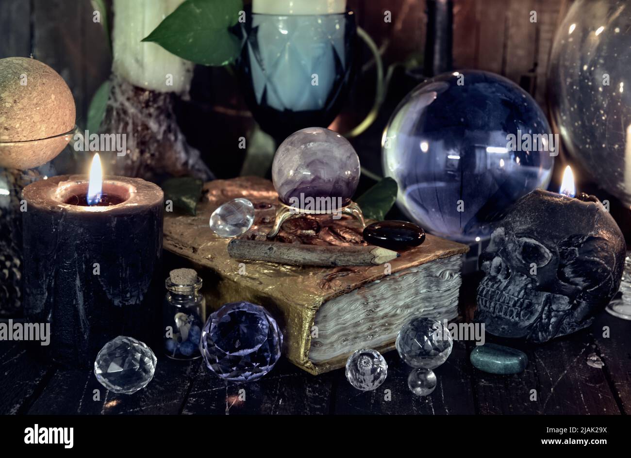 Wicca, esoteric and occult still life with vintage magic objects on ...